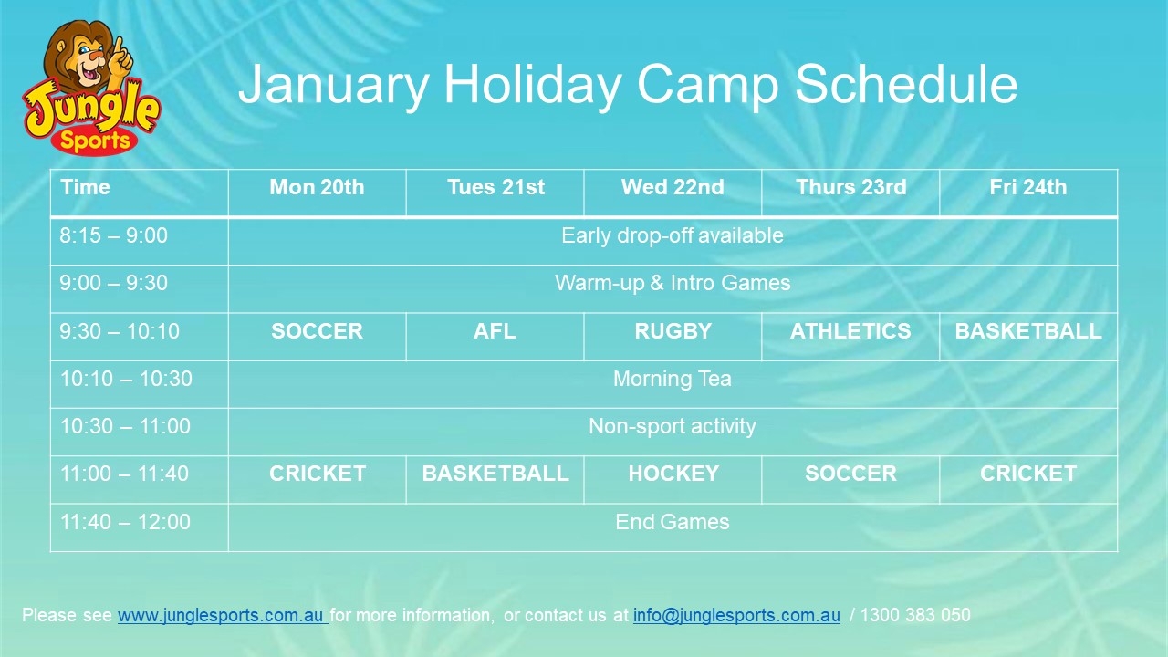 Holiday Program Activity Schedule - Jungle Sports